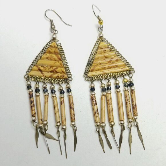 Vintage | Jewelry | Vintage Long Fringe Dangle Earrings Beaded Triangle ...
